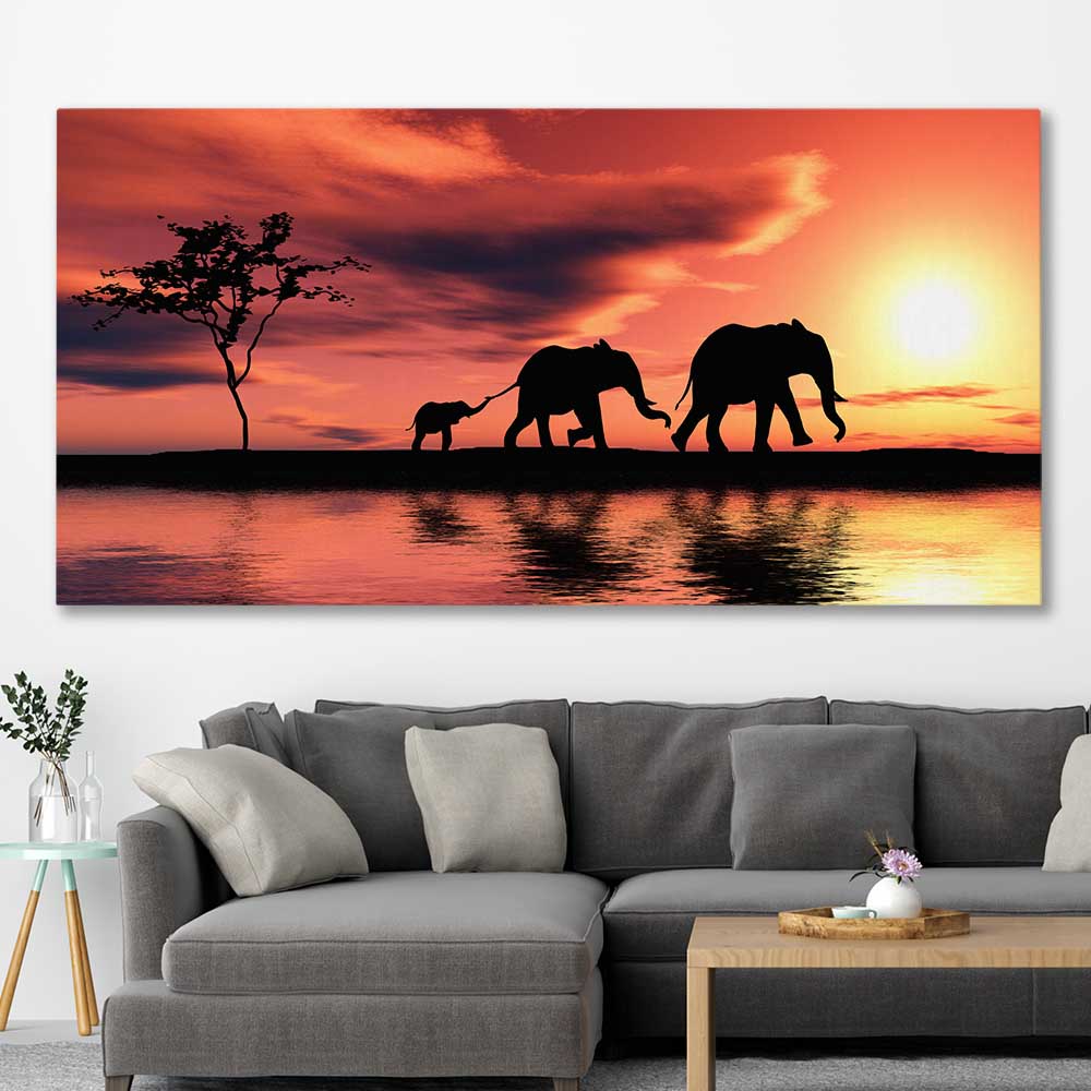 Elephant Family Dawn Animal Wall Art Print or Canvas - Printivart